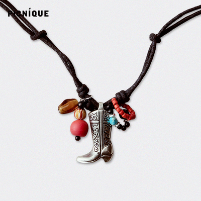 复古西部靴漫游编绳串珠项链