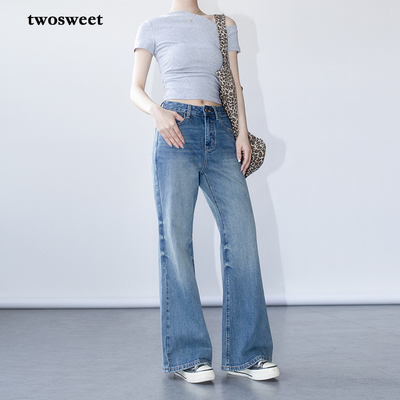 美式做旧中腰直筒微喇牛仔裤