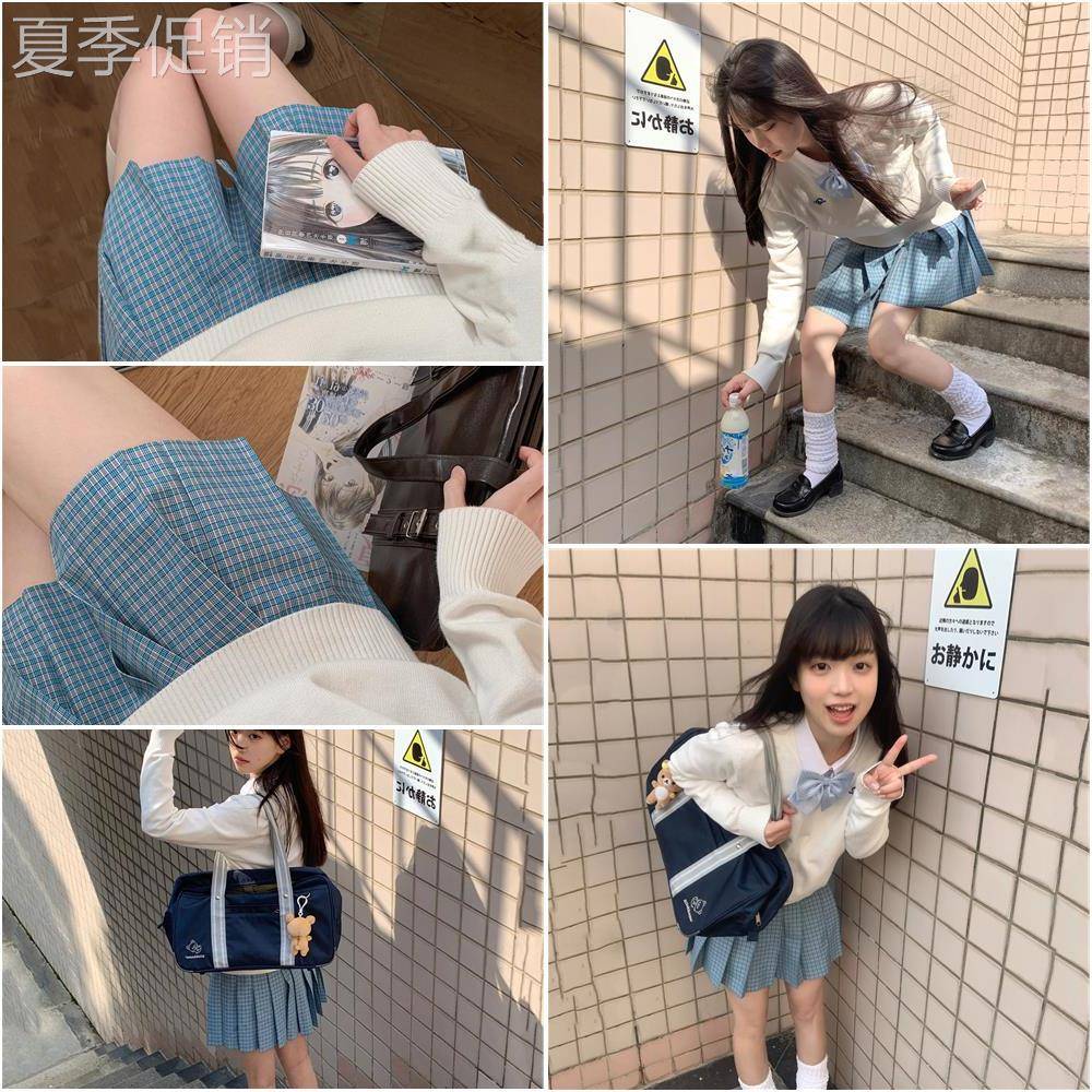 松蓝/jk制服裙正版日系水蓝色校供感格裙半身裙高腰百褶裙学院风