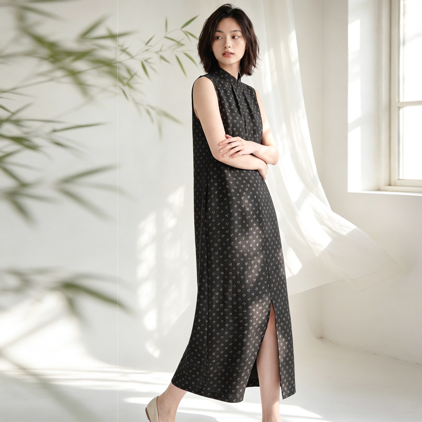 一时无 新中式复古桑蚕丝真丝花罗香云纱印花无袖立领连衣裙长裙