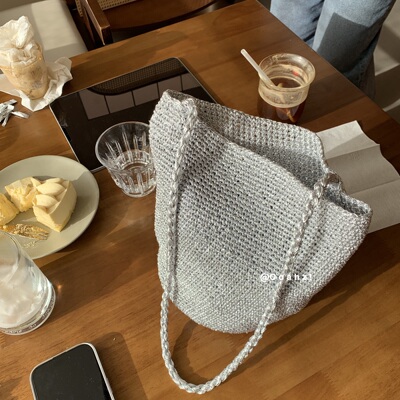 银角大王~金属线！小众手工编织银色手提包 韩国单肩包百搭水桶包