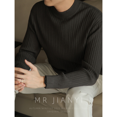 DA XIN秋冬轻熟竖纹坑条感圆领长袖打底针织衫休闲百搭内搭毛衣男
