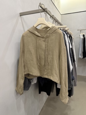 LOW FLAT韩代时髦连帽抽绳麻料防晒衫女2026新款简约宽松显瘦上衣