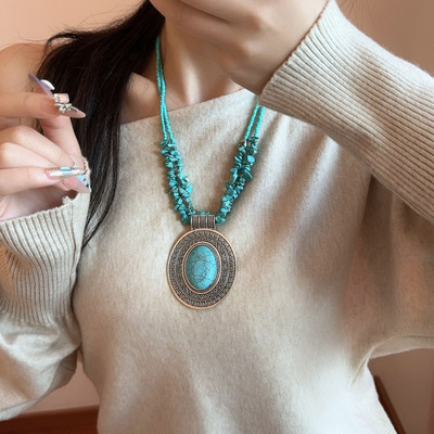 vintage大圆盘吊坠绿松碎石项链