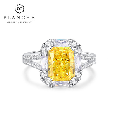 欧美雷迪恩方形纯银冰花黄钻戒指