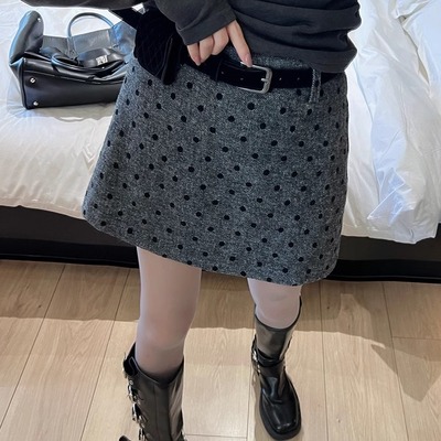 BORNWITH波点毛呢半身裙秋冬新款