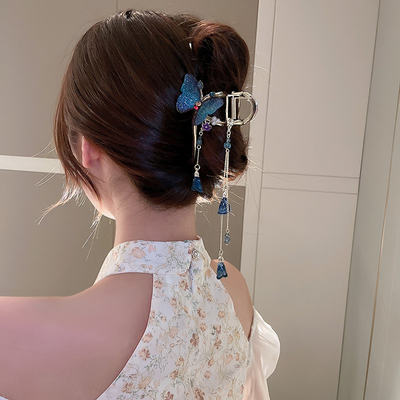 新中式国潮蓝蝴蝶结抓夹女2024新款流苏国古风高端汉服起拍头饰