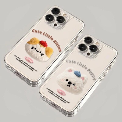 毛绒猫咪小狗透明壳适用17promax苹果手机壳iPhone16pins风15卡通14可爱13新款12镜头保护11防摔xr/8p软壳