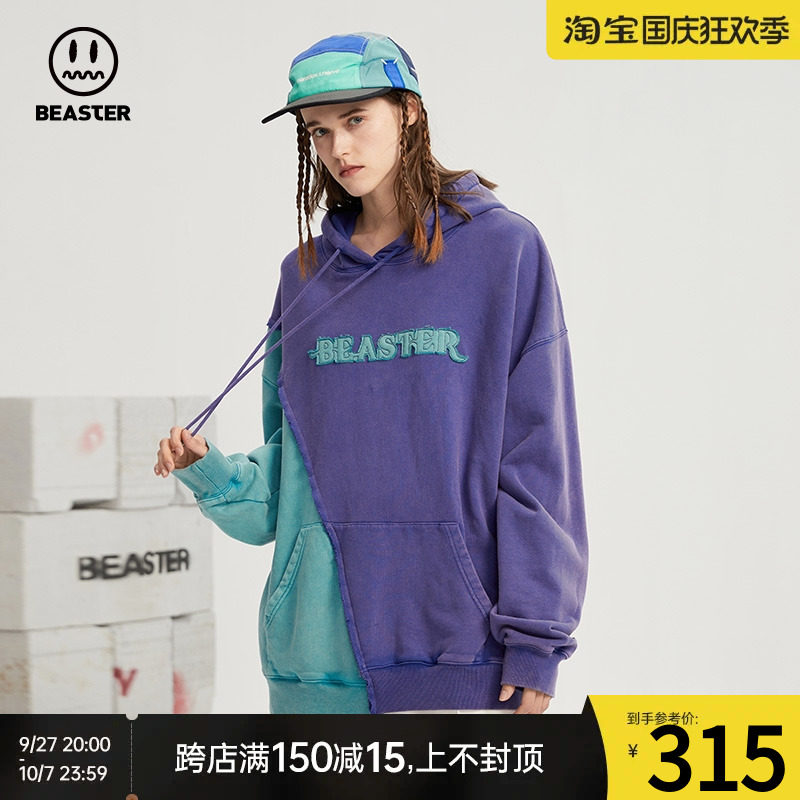 beaster官方小恶魔鬼脸美式休闲连帽卫衣拼接撞色男友风落肩上衣_虎窝淘