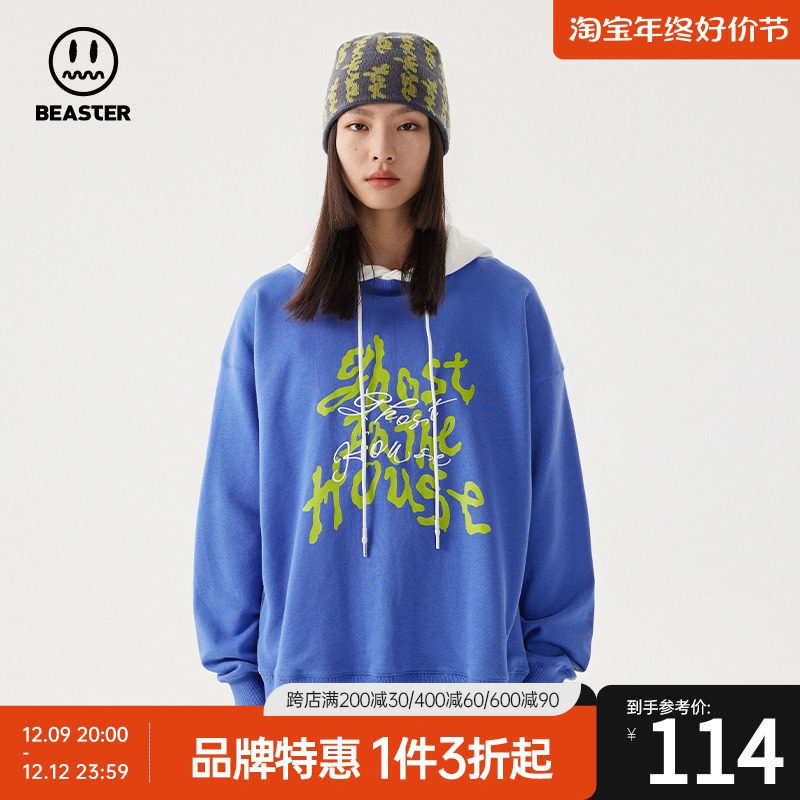 BEASTER官方小恶魔国潮鬼脸套头圆领卫衣国潮嘻哈印花上衣男女款_虎窝淘