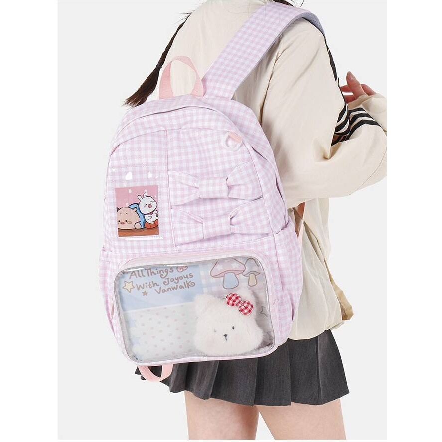 专柜品牌韩系浅粉格纹蝴蝶结背包甜美氛围感二次元痛包中小学生DI