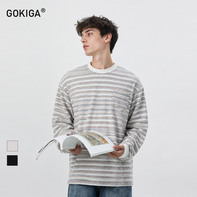 GOKIGA日系复古风条纹长袖T恤男