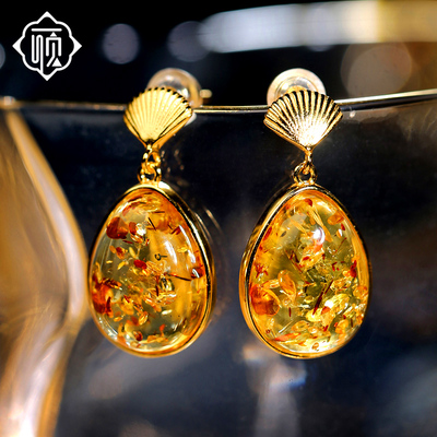 顽石灵 精品级琥珀花珀耳环S925银镀金镶嵌耳饰W1-381P