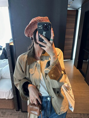 MARES｜巴*ber风腰果花里衬条绒翻领复古范r短款小风衣短外套