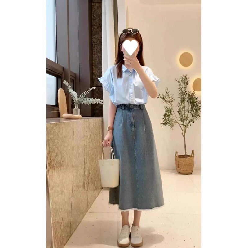 牛仔半身裙套装女夏季大码胖mm遮肉显瘦飞飞袖衬衫轻熟时尚两件套