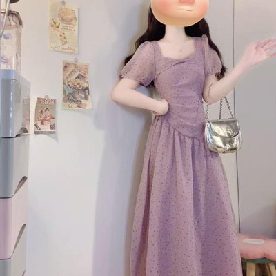 实拍时尚方领波点短袖连衣裙2025年夏季新款韩版收腰显瘦减龄长裙