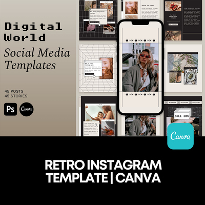 复古老式电脑窗口化像素风格社交媒体界面设计排版版式Canva模版