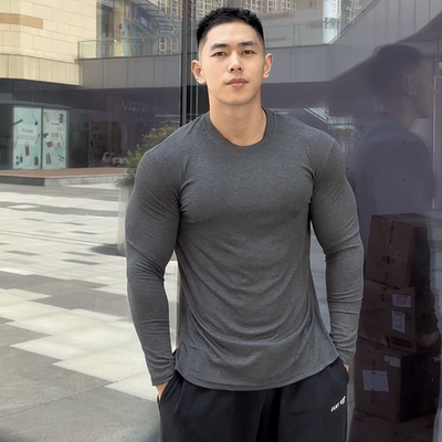 运动健身长袖男士男高弹2*2薄螺纹亲肤透气紧身衣圆领休闲打底衫