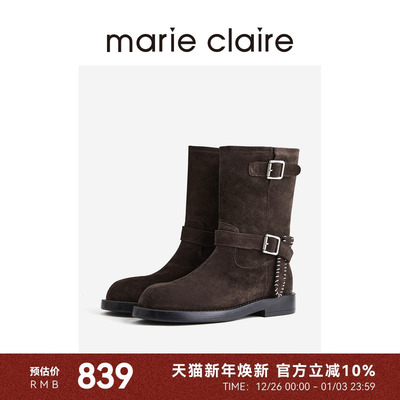 MC女鞋明线双扣中短靴2025年冬季新款圆头短靴女marieclaire女鞋