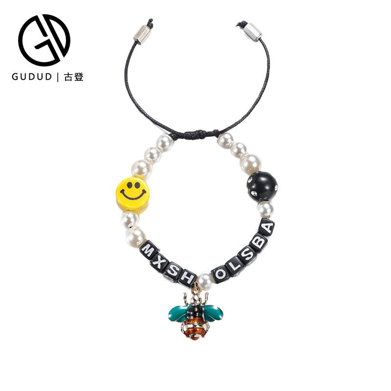 王一博同款EVAE小蜜蜂珍珠笑脸手链手绳男女嘻哈潮流百搭手饰_虎窝淘