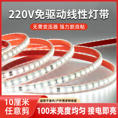 220v免驱动包胶灯带led灯条120灯免焊线自粘防水软线形灯高亮度