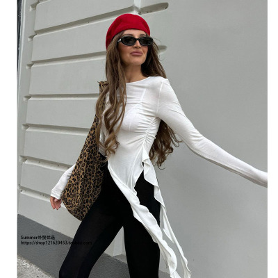 街头圆领褶皱上衣性感长袖飘带