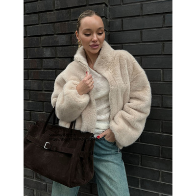 2025秋冬欧美立领毛绒保暖外套女