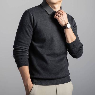 专柜品牌2025新款男士假两件针织衫毛衣加绒加厚休闲翻领衬衫打底