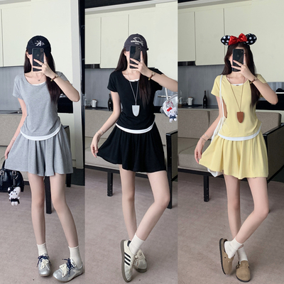 实拍  大码女装夏季新品减龄显瘦假两件上衣+短裤两件套装