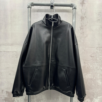 高领拉链宽松纯色皮夹克外套