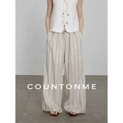 COUNTONME 慵懒度假风/夏季100%亚麻色织条纹半松紧休闲阔腿长裤