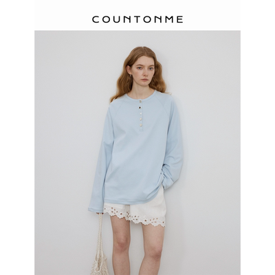 COUNTONME 松弛有度/亲肤透气莱赛尔棉混纺 纽扣装饰亨利领长袖