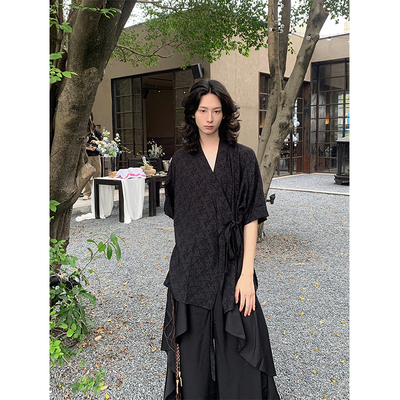 夏季日系复古山本耀司风花卉刺绣新中式道袍绑带短袖衬衫外套男女