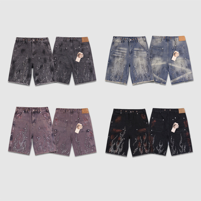 现货HELLSTAR牛仔做旧烫钻短裤BAGYY七分裤BOXY美式嘻哈CLEANFTI