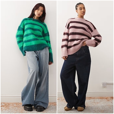 北欧风MNK  女款  圆领条纹落肩宽松蓬松针织毛衣 E480