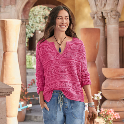 美系SD 女款 V领落肩绞花镂空宽松针织衫 F950