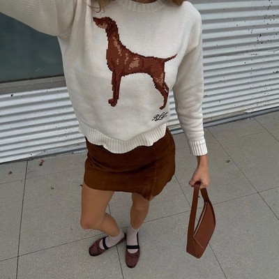 美式老钱风  女款 圆领狗狗提花长袖针织衫 D976