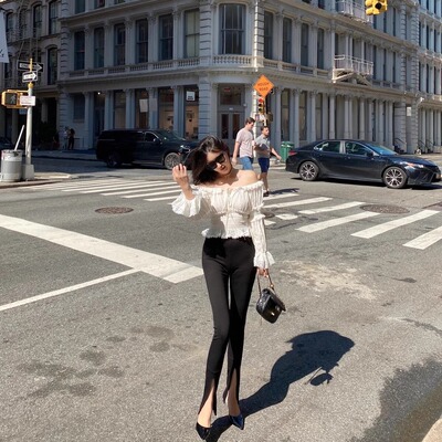 超长腿精休闲裤前开叉纸片人