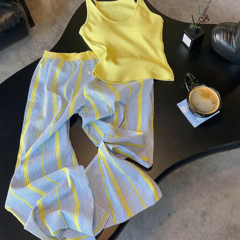 韩系黄色带胸垫吊带睡衣女夏季新款条纹长裤套装家居服套装可外穿
