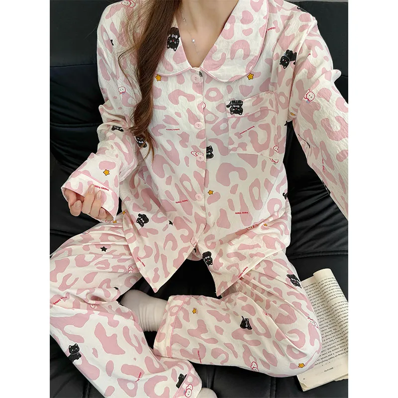 小黑猫娃娃领睡衣女春秋长袖长裤套装 粉色云朵棉宽松甜妹家居服