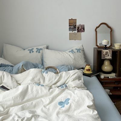 ins毛巾绣四件套2025新款水洗棉被套床单床上用品被罩宿舍三件套4