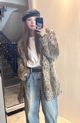 爱的豹豹 老钱风中古兔毛立领皮草外套女经典豹纹毛毛大衣中长款