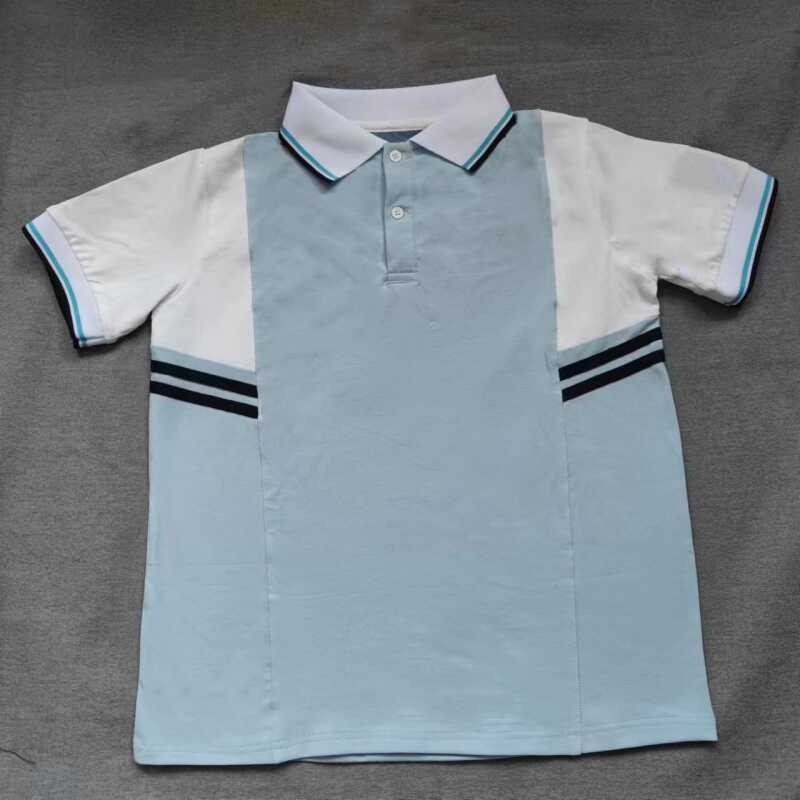 定做夏季男女校服同款运动短袖浅蓝色拼接白色加藏蓝两道杠POLO衫