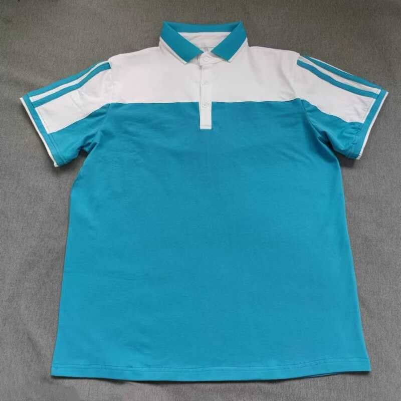 定做夏季男女校服同款运动短袖浅蓝色拼接白色翻领休闲运动POLO衫