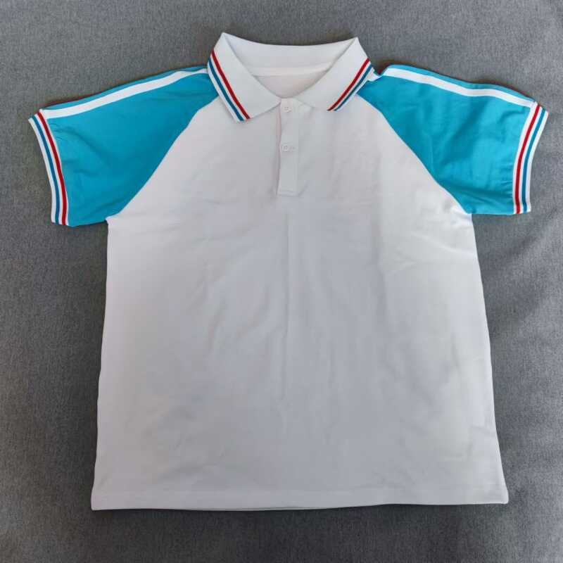 定做夏季男女校服同款短袖T恤衫白色拼天蓝色加红白两道杠POLO衫