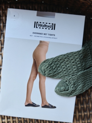 绝版限量Wolford Overknee net 灰绿色 仿高筒过膝镂空格纹网袜