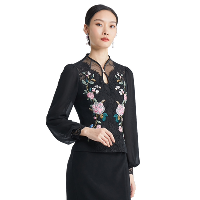 SUSSI/古色季新款商场同款黑色蕾丝刺绣百搭款经典收腰上衣女