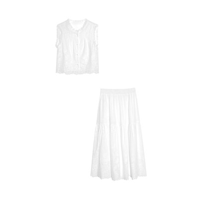 【杰哥粉丝专享】山茶花夏季女装法式白色棉上衣半身裙套TY6805