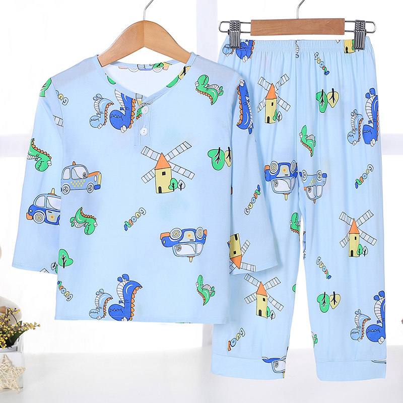 中大男童棉绸睡衣胖童女170夏季薄款家居服绵绸空调服恐龙175大码