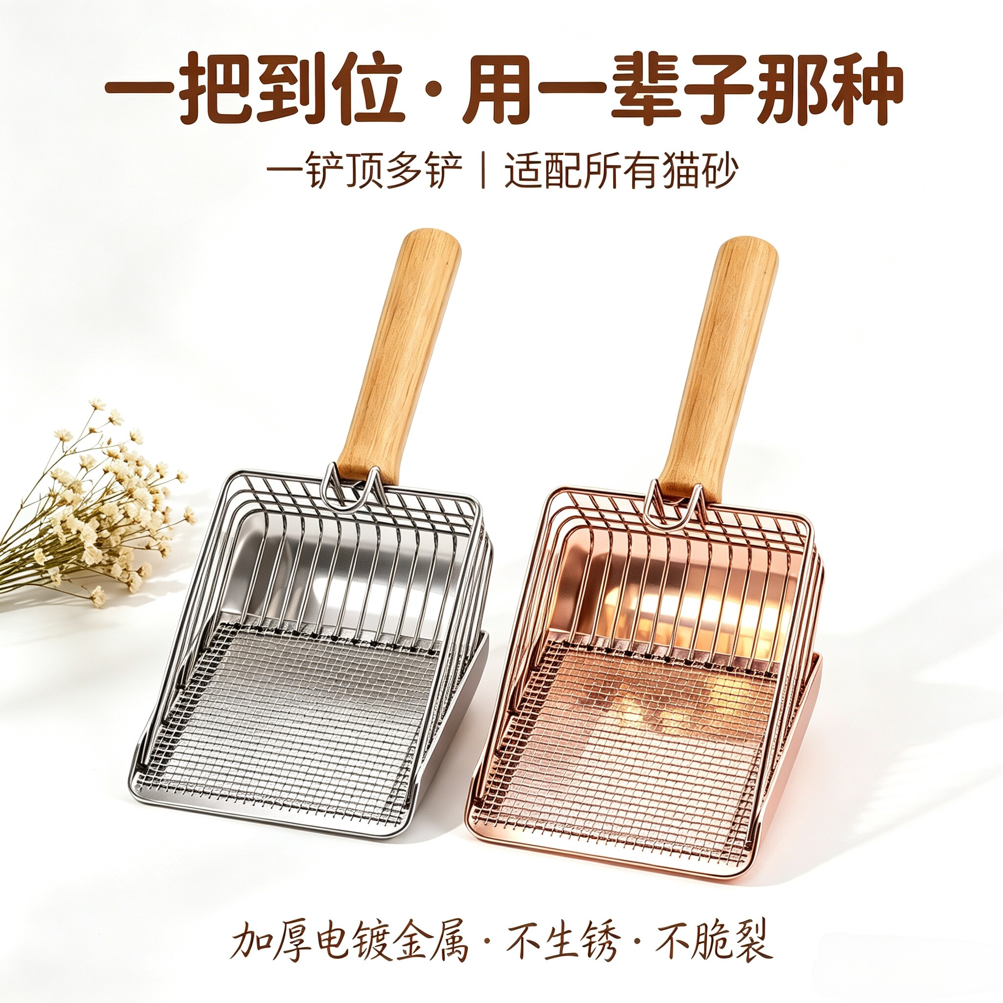 实木手柄金属猫砂铲 不锈钢细孔双漏孔铲屎铲 不粘底猫砂清理工具